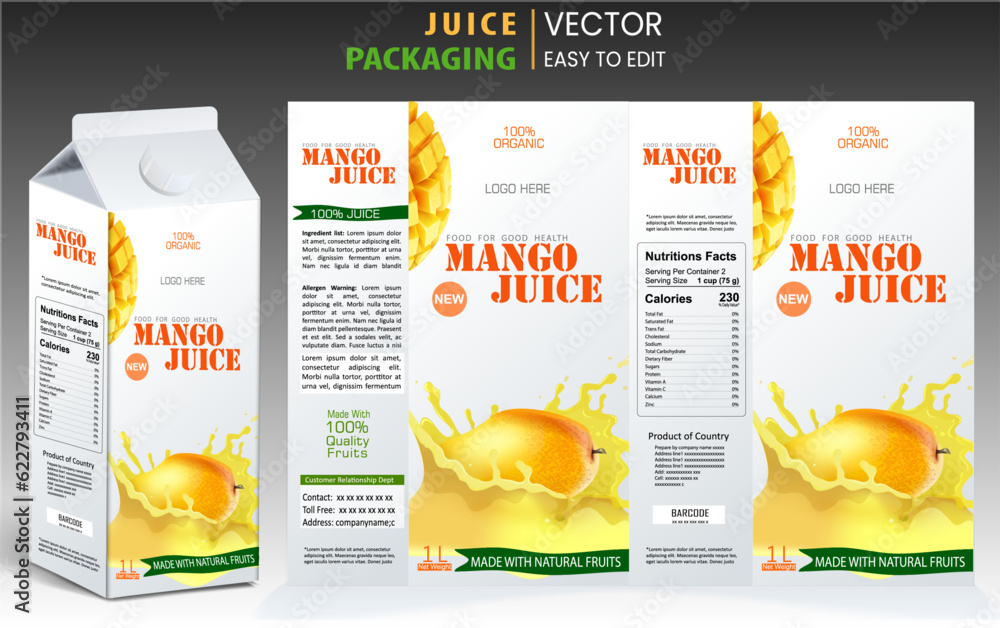 Vetor de Mango Juice Packaging, Juice pack, Mango juice, Banana, Packet, Pack, packaging label ...
