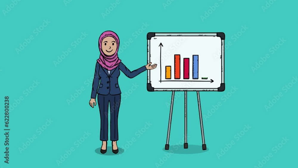 Young busineswoman standing at a flipchart. The flipchart shows a graph ...