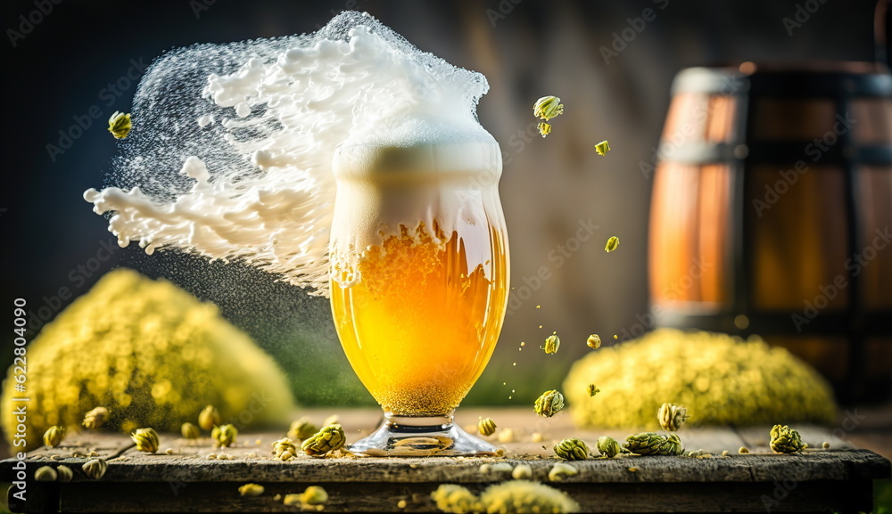 Foamy beer splashing out of glass with swirl, splash, drops and hops on ...