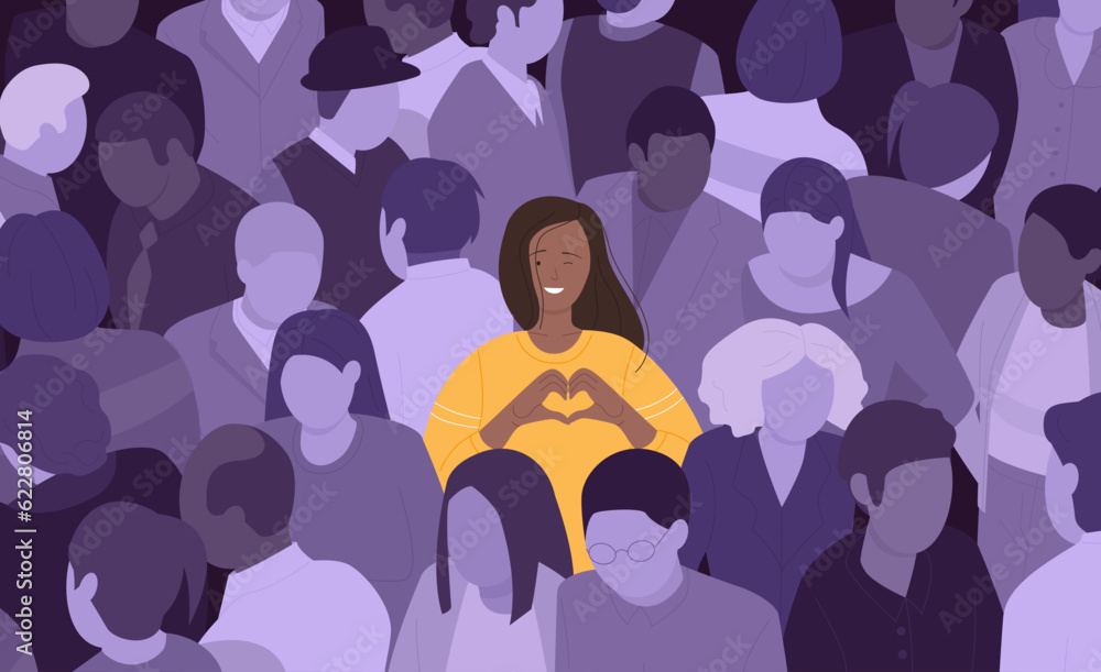 Happy girl in crowd vector illustration. Cartoon satisfied young woman ...