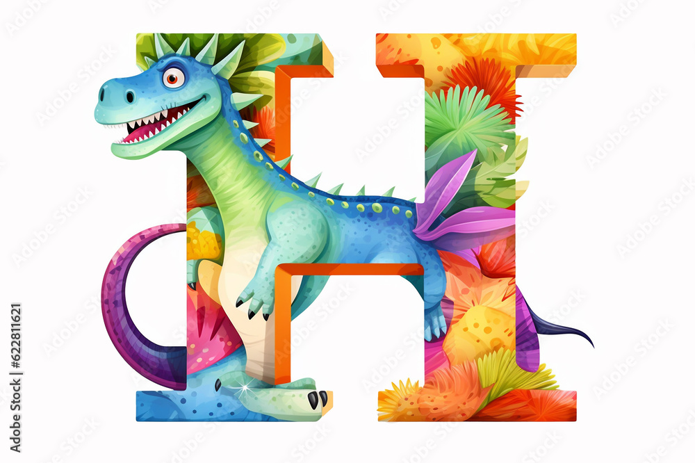 Colorful dinosaur letter H for kids isolated on white background, funny ...