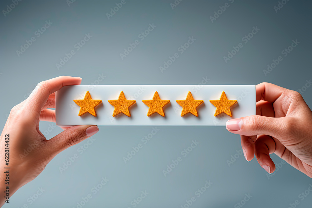 Customer satisfaction meter with star rating. evaluation, Woman hand ...