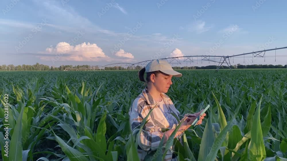 Busy woman farmer inputs data using digital tablet in cornfield at ...