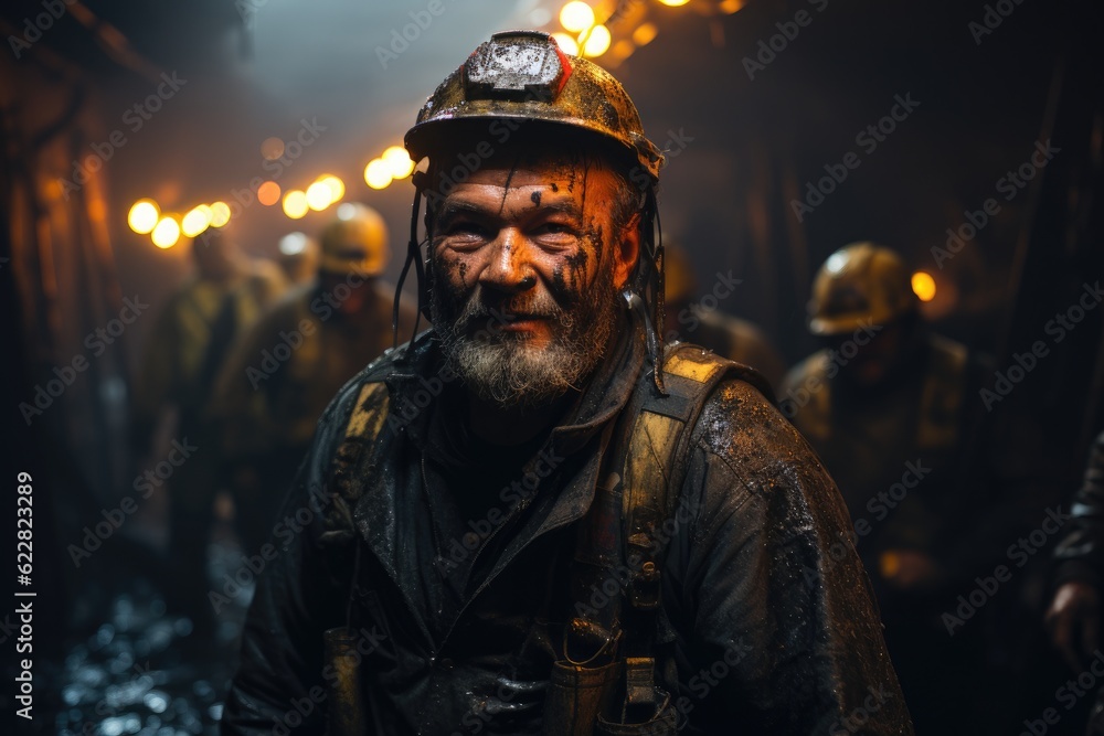 Miner exiting a coal mine covered in dirt and soot. Generative AI Stock ...