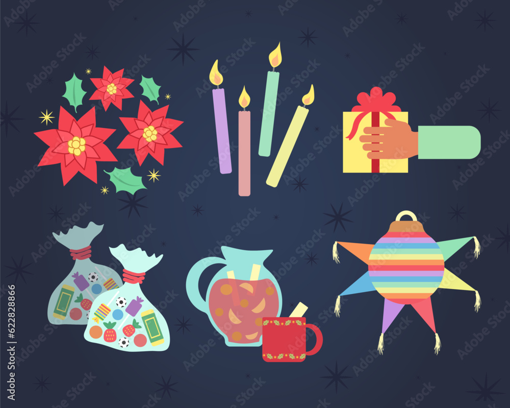 Vector. Elementos de las posadas en México. Celebración tradicional ...