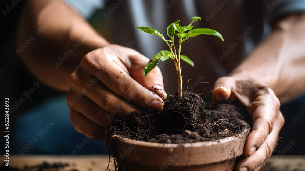 Little plant growing in a pot, business man gardening, CSR, ecology in ...
