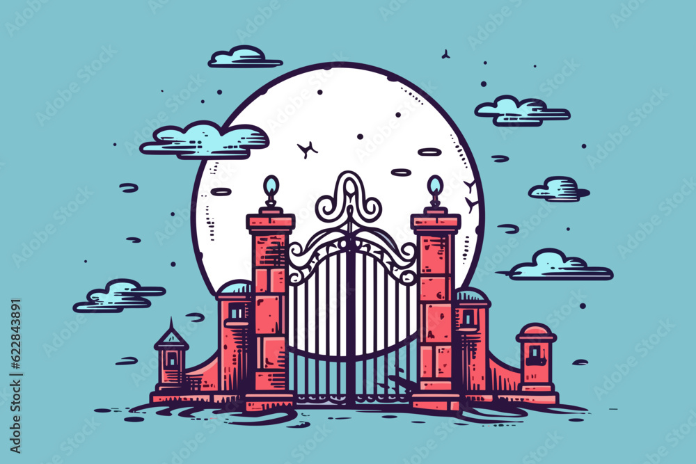 Doodle inspired Cemetery gate, cartoon sticker, sketch, vector ...