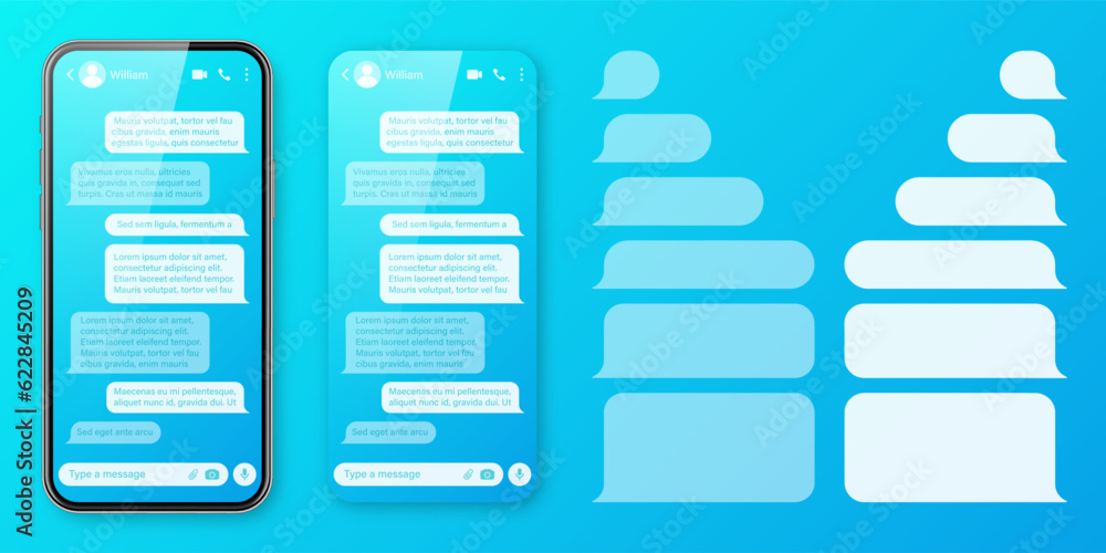 Realistic smartphone with messaging app on colorful blue background ...