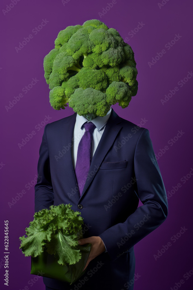 Man in a suit and purple tie with fresh broccoli instead of his head ...