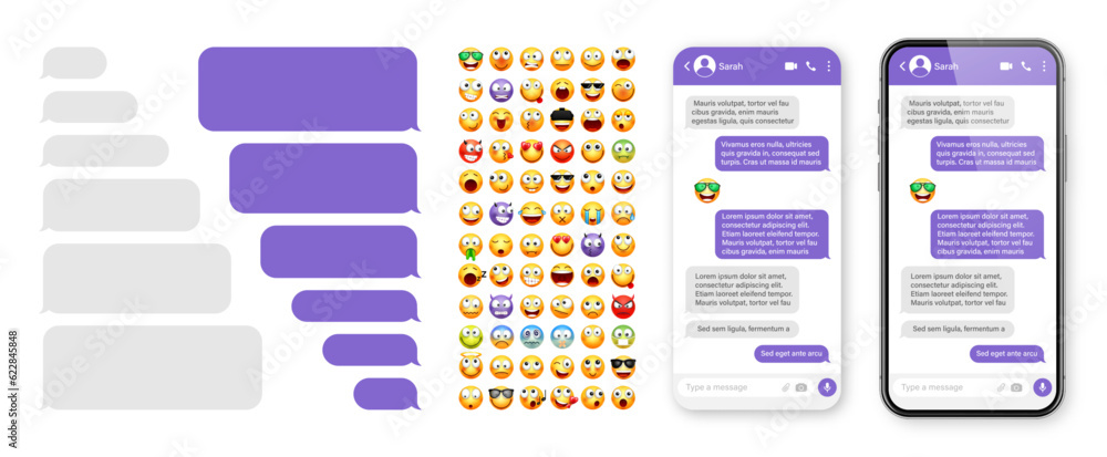 Smartphone messaging app, user interface design with emoji. SMS text ...