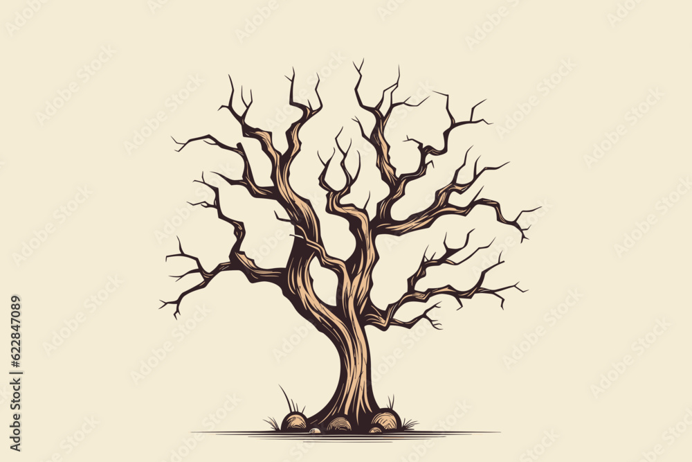 Doodle inspired Dead tree, cartoon sticker, sketch, vector ...