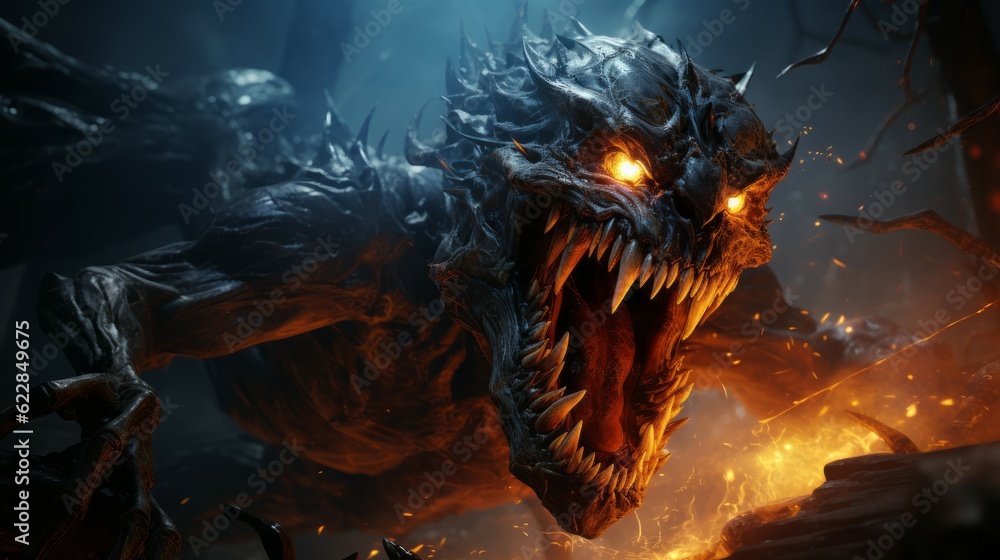 Angry demon in the fire of destruction. Angry creature from hell with a ...