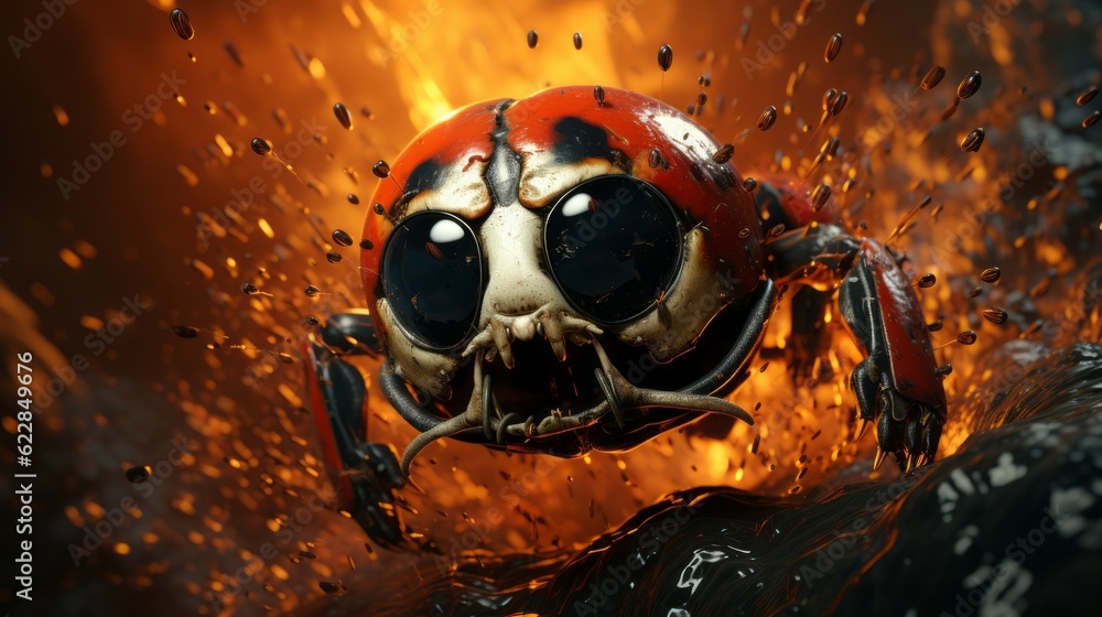 Angry ladybug in the fire of destruction. Angry bug from hell with a ...