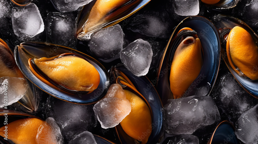 Black Sea fresh mussels in ice cubes. Fresh frozen shellfish seafood ...