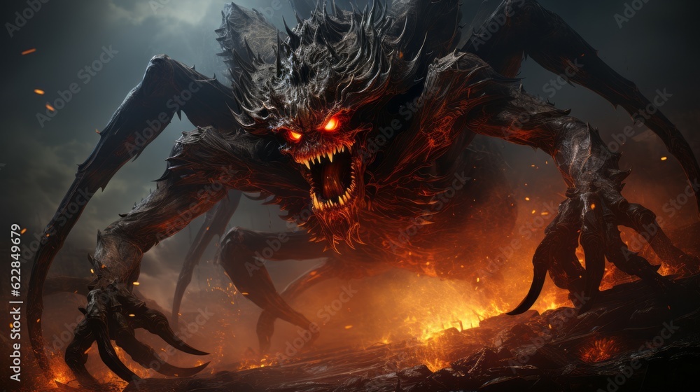 Angry demon in the fire of destruction. Angry creature from hell with a ...