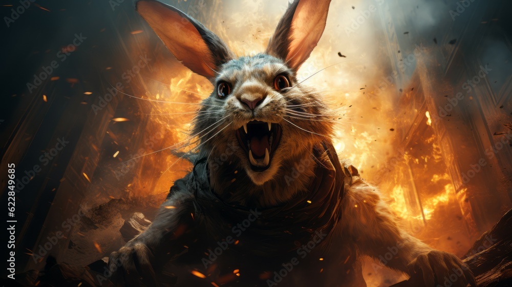 Furious rabbit in the fire of destruction. Angry furry bunny with a ...