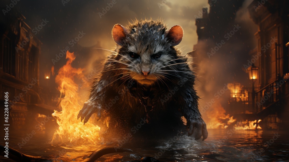 Furious rat in the fire of destruction. Angry furry mouse with a growl giving a death stare. Rat ...
