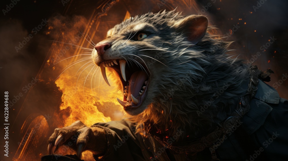 Furious lion in the fire of destruction. Angry furry lion with a growl ...