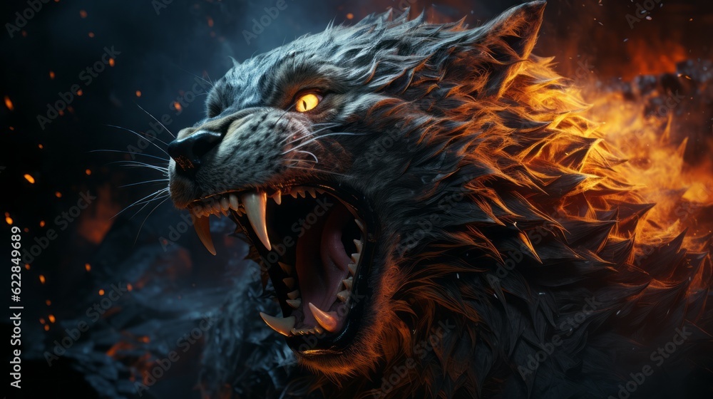 Furious lion in the fire of destruction. Angry furry lion with a growl ...