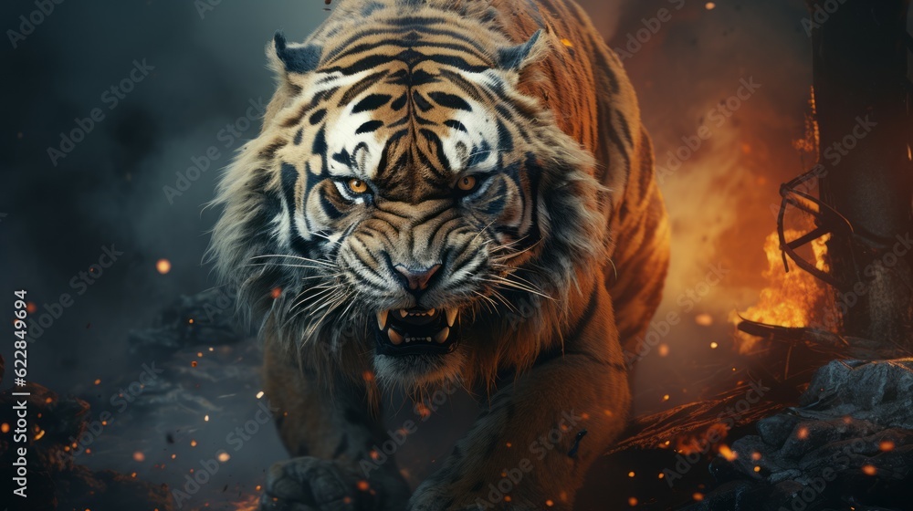 Furious tiger in the fire of destruction. Angry furry tiger with a ...
