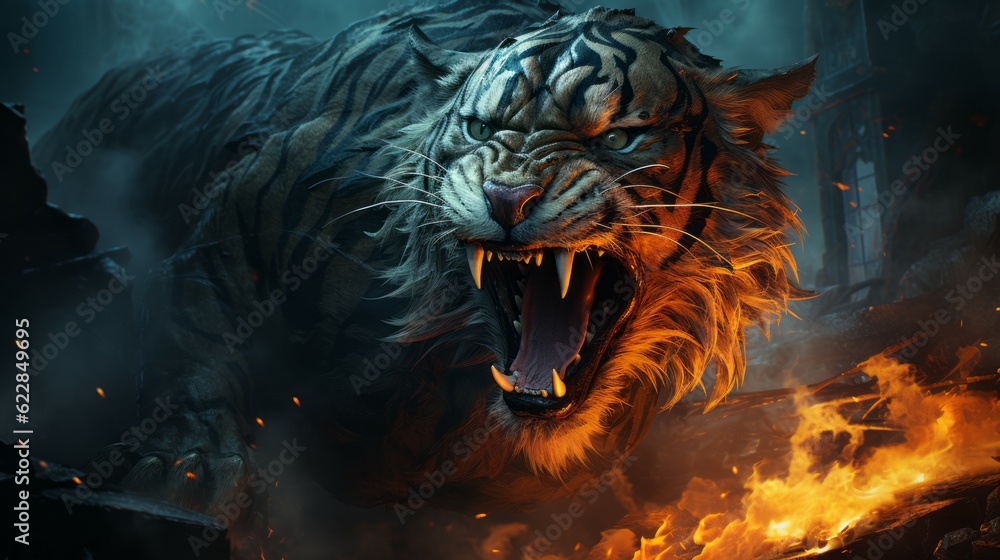 Furious tiger in the fire of destruction. Angry furry tiger with a ...