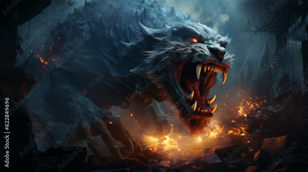 Furious lion in the fire of destruction. Angry furry lion with a growl ...