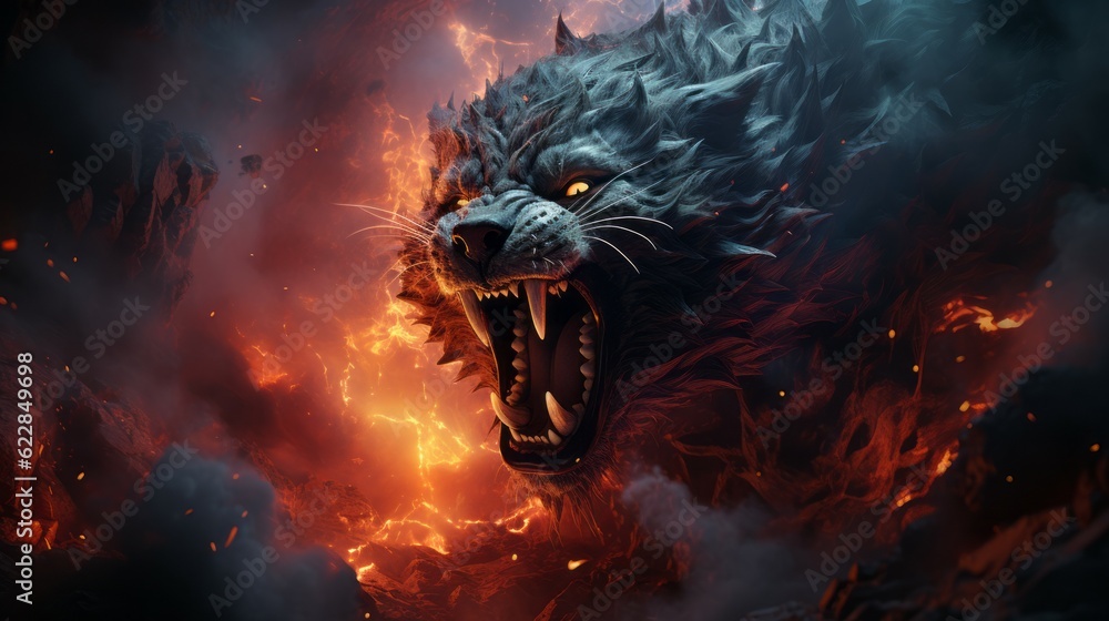 Furious lion in the fire of destruction. Angry furry lion with a growl ...