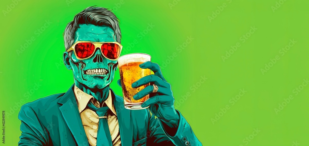 Cartoon illustration of zombie drinking beer on green background with ...