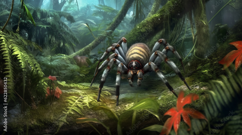 Huge tropical tarantula spider. Mutated furry monster in a safari park ...