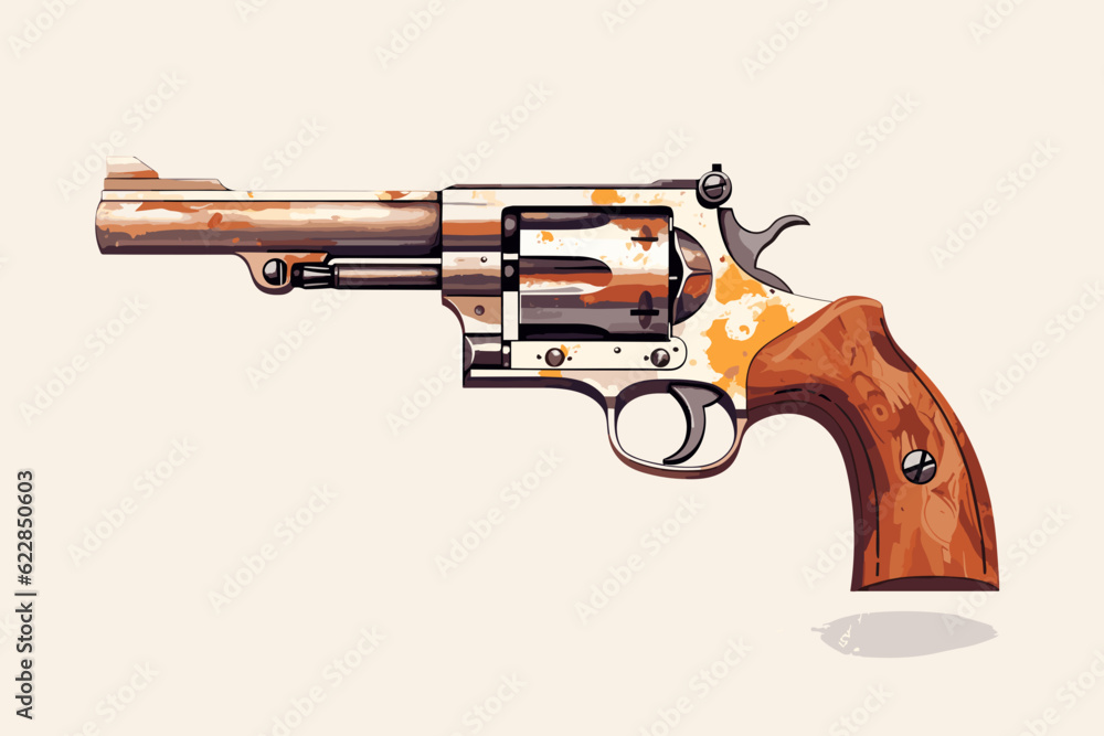 Doodle inspired Rusty revolver, cartoon sticker, sketch, vector ...