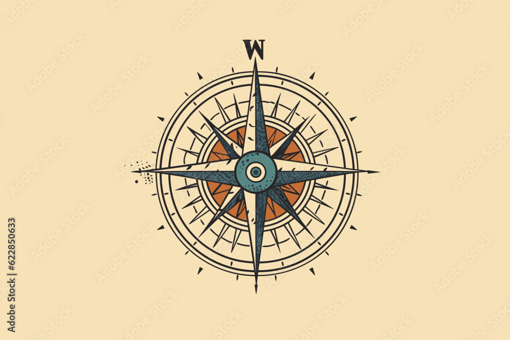 Doodle inspired Old compass, cartoon sticker, sketch, vector ...