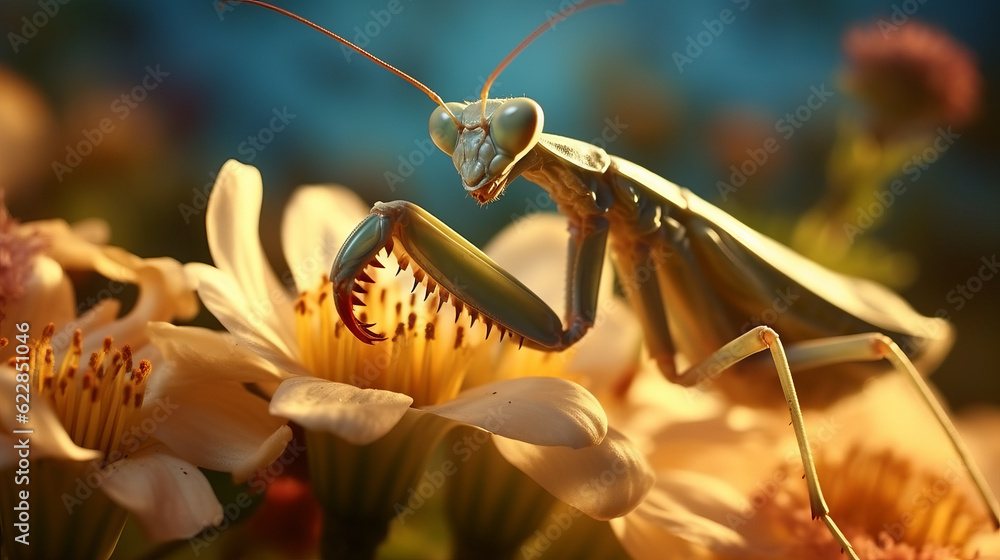 Macro shot of a mantis beetle in the wild. Beautiful female praying ...
