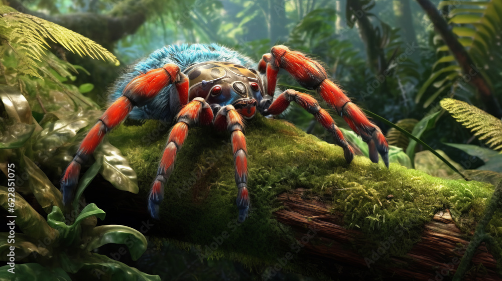 Huge tropical tarantula spider. Mutated furry monster in a safari park ...