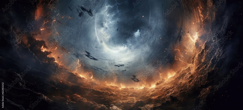 Exiting burning vortex of deep space. Ring of fire in space. Hand ...