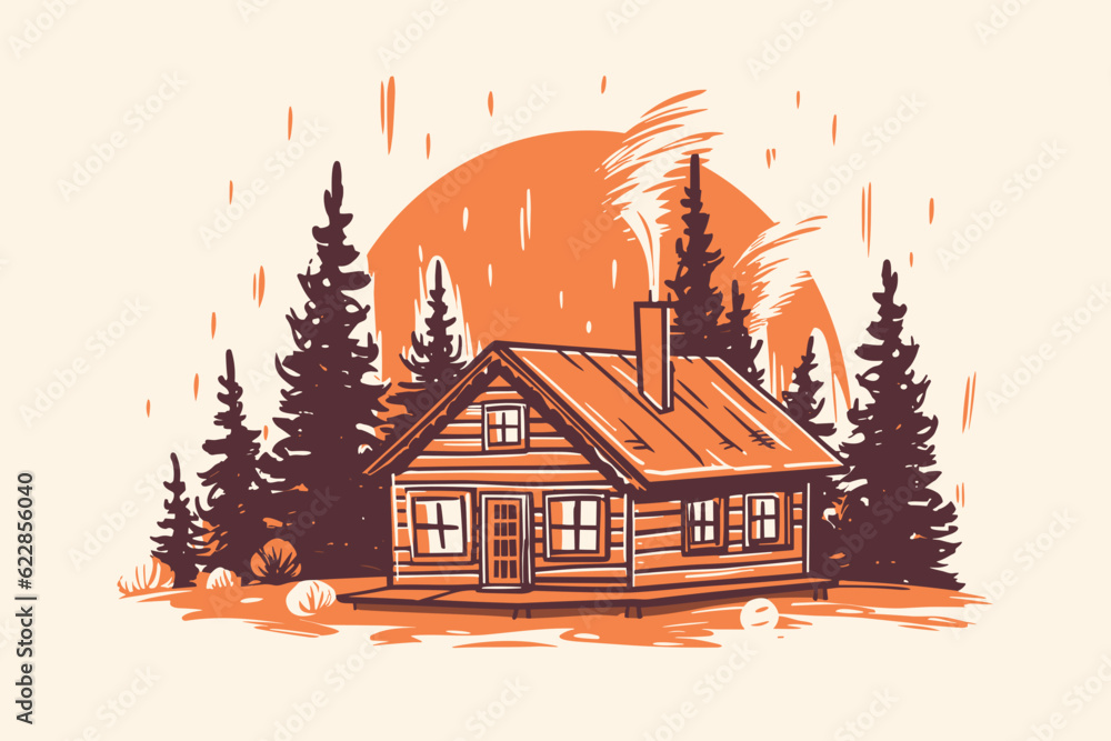 Vetor de Doodle inspired Rustic cabin, cartoon sticker, sketch, vector ...
