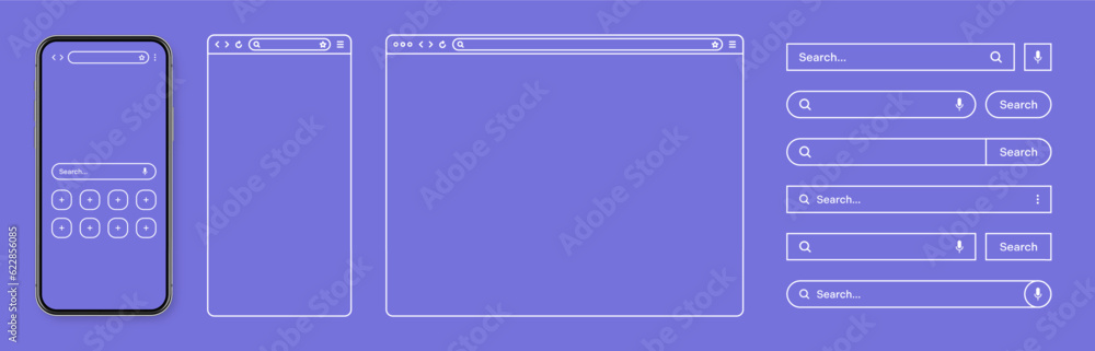 Smartphone, web browser, internet page window with toolbar and search ...