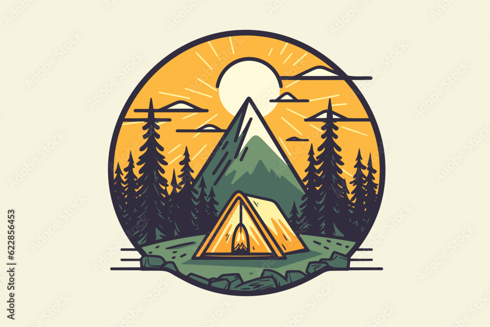 Doodle inspired Campsite sign, cartoon sticker, sketch, vector ...