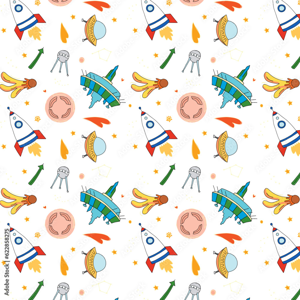 Seamless space pattern for children textile print. Rocket, planet,star ...