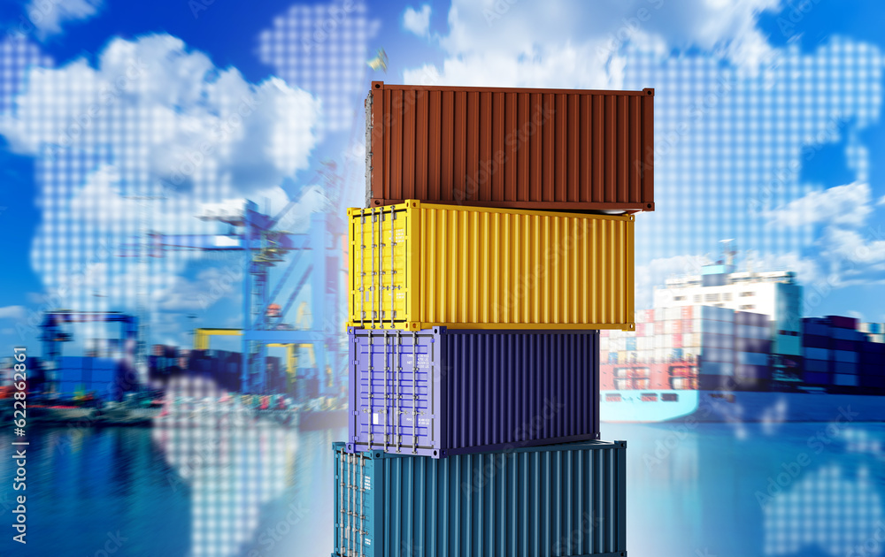 Logistic background. Sea containers. Port on ocean. Harbor for loading ...