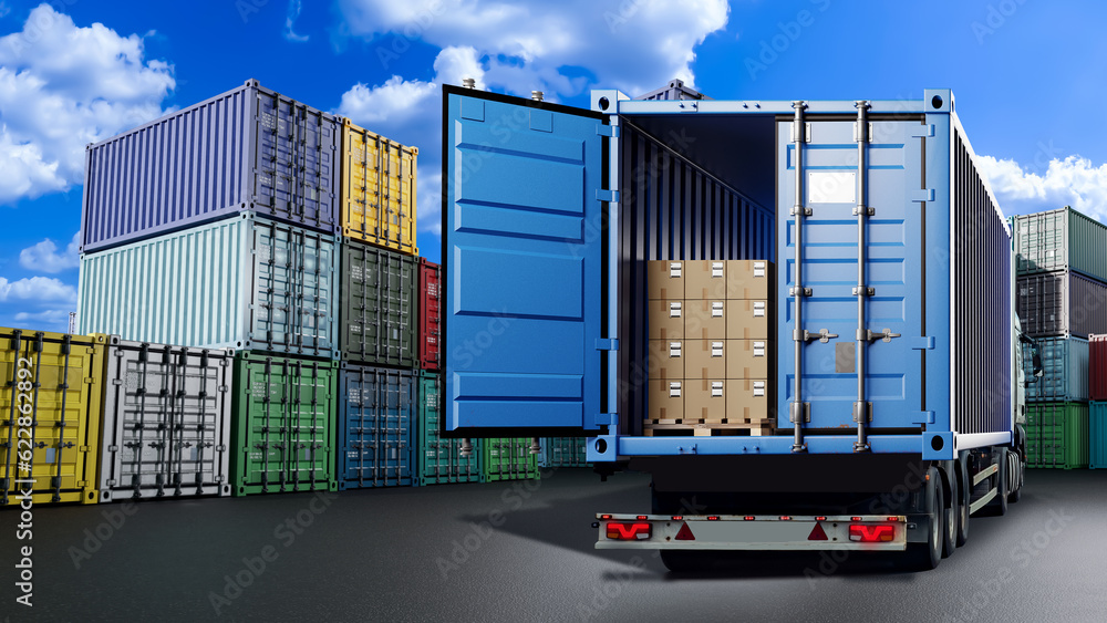 Truck with container. Truck back view. Unloading goods in container ...
