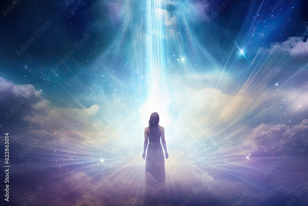 Silhouette of a woman in a dress in the heaven sky with a beam of light ...