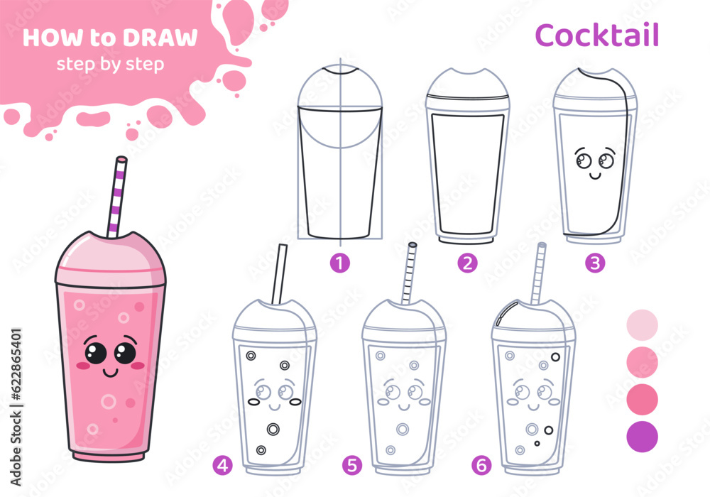 Drawing tutorial for kids. Education worksheet. How to draw cocktail ...