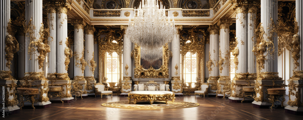 A classic extravagant European style palace room with gold decorations ...