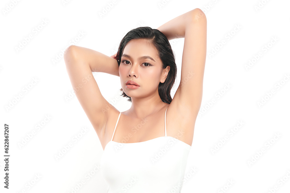 Beautiful Young Asian woman lifting hands up to show off clean and ...
