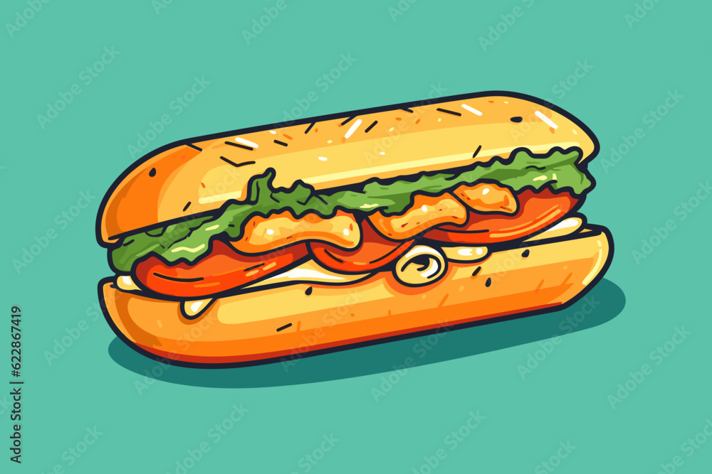 Vetor de Doodle inspired Banh mi, cartoon sticker, sketch, vector ...