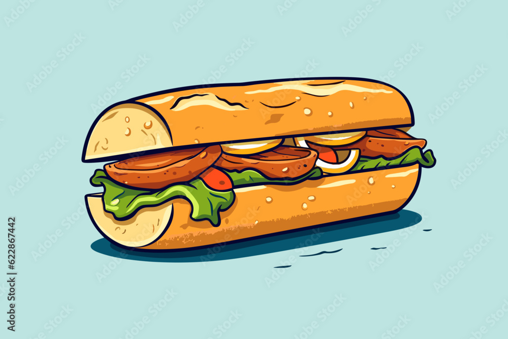 Doodle inspired Banh mi, cartoon sticker, sketch, vector, Illustration ...