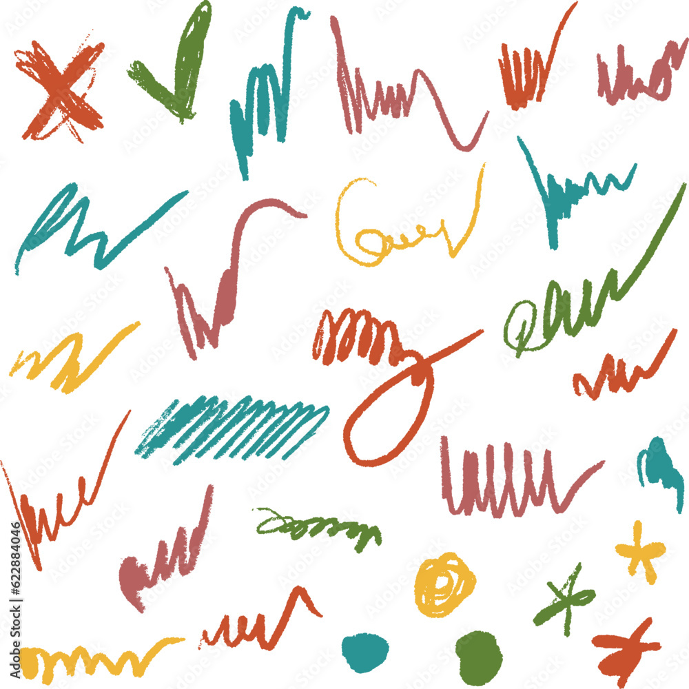 Scribbles set. Hand drawn colorful pencil curly lines. Marker drawing ...