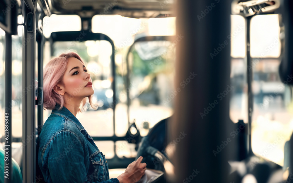 beautiful woman standing inside public bus transport, generative AI ...