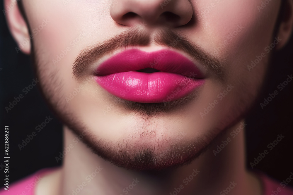 pink lipstick-painted lips of a transgender gay man with makeup on his ...