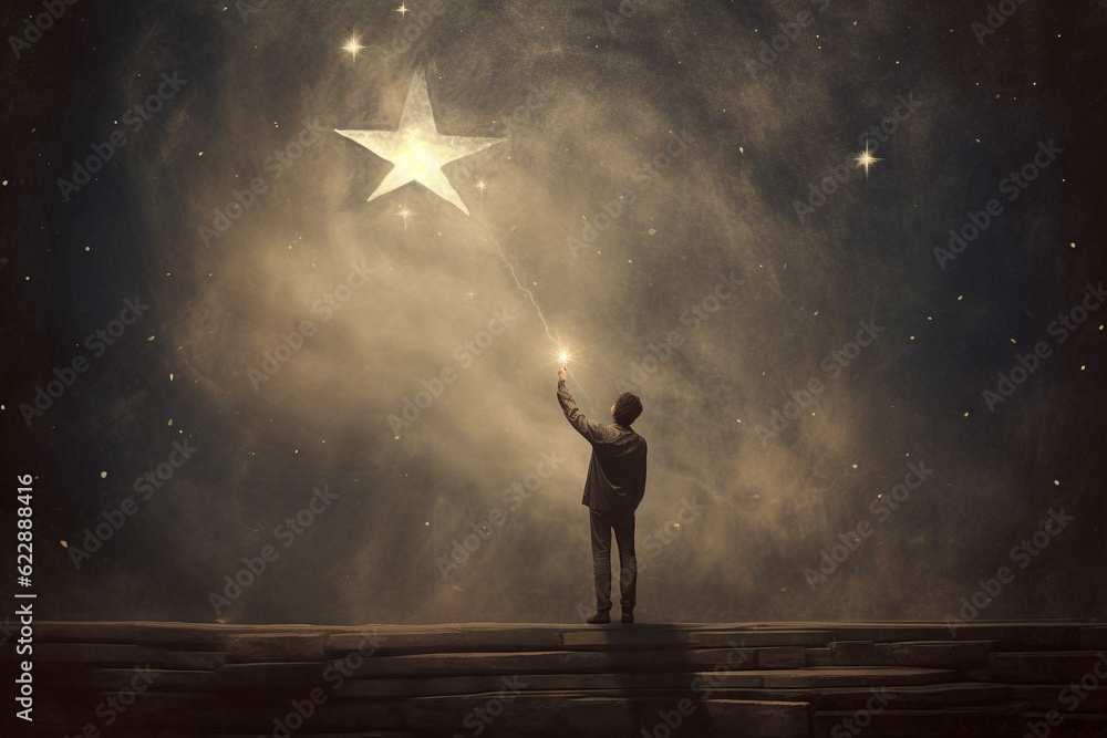 Person holding star in night sky in desert landscape Stock Photo ...